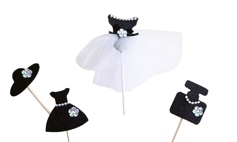 Fun Designs of Elegant Dress and Perfume Cake Set and Cupcake Toppers for Birthday/Events (Black Elegant Pearl Ballet Princess-set of 4)