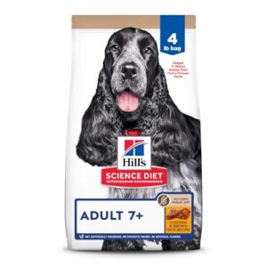 hill's science diet adult 7+, senior adult 7+ premium nutrition, dry dog food, no corn, wheat, soy chicken & brown rice, 4 lb bag