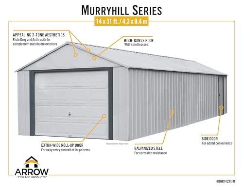 Arrow Shed 14' x 31' Murryhill Garage Galvanized Steel Extra Tall Walls Prefabricated Shed Storage Building, 14' x 31', Flute Gray