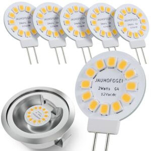 jauhofogei g4 led disc bulb 12v warm white 2700k - under cabinet lighting bulb g4 led t3 20w halogen jc bulb replacement for non dimmable puck light - 12 volt ac/dc 2 watt bi-pin base bulbs - 6 pack