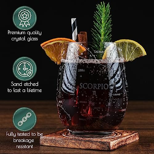 Greenline Goods Scorpio Stemless Wine Glass Etched Zodiac Scorpio Gift 15 oz (Single Glass) - Astrology Sign Constellation Tumbler