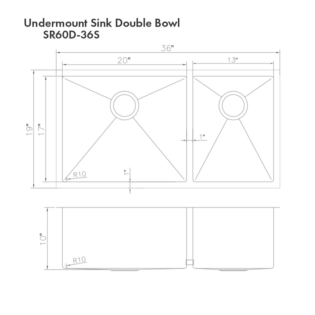 ZLINE 36" Chamonix Undermount Double Bowl Scratch Resistant Stainless Steel Kitchen Sink with Bottom Grid (SR60D-36S)