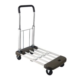 LEADALLWAY Platform Cart Foldable Push Cart Aluminum Adjustable Length Flatbed Cart with Polyurethane Mute Wheel,330-LB Capacity(with 2 Ropes)