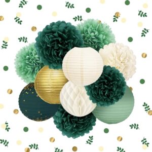 nicrolandee wedding party decorations - 12pcs emerald green hanging tissue pom poms gold foil dots paper lantern confetti 30g for rustic style bridal shower birthday botanical baby shower decorations