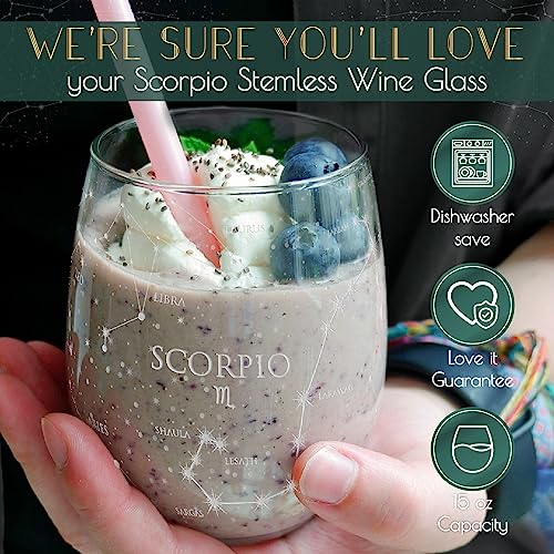 Greenline Goods Scorpio Stemless Wine Glass Etched Zodiac Scorpio Gift 15 oz (Single Glass) - Astrology Sign Constellation Tumbler