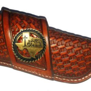 Custom Nocona Weave Antique Brass Texas Praying Cowboy Church Side Draw Knife Sheath left side