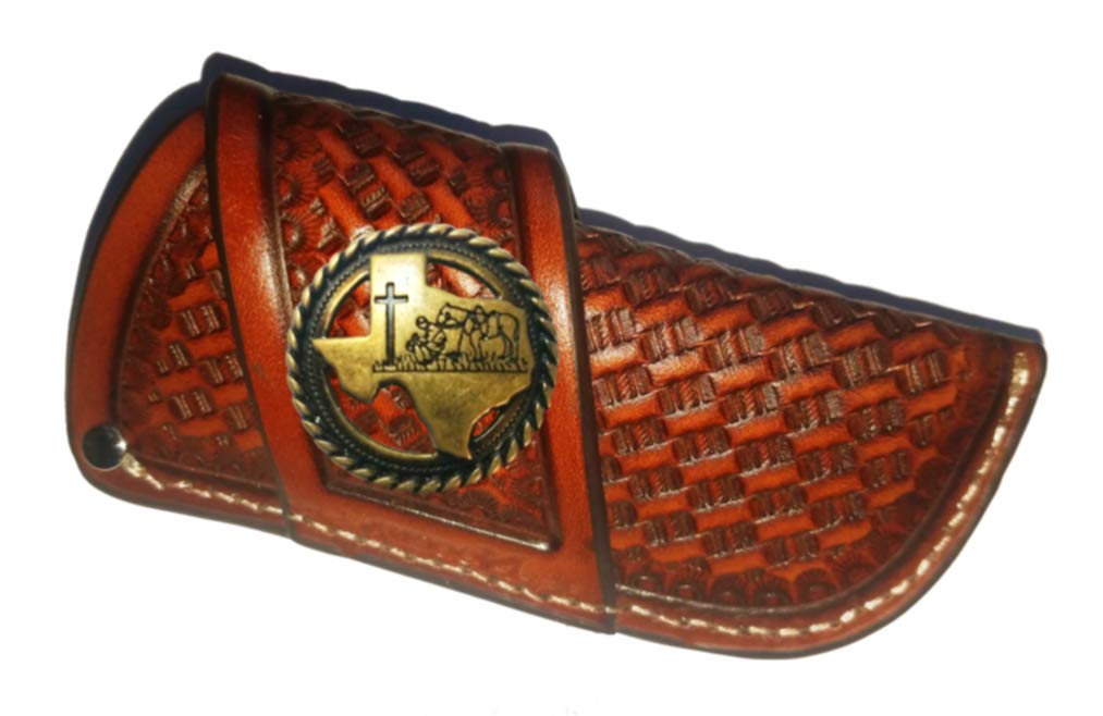 Custom Nocona Weave Antique Brass Texas Praying Cowboy Church Side Draw Knife Sheath left side