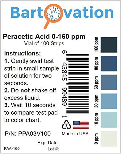 Peracetic Acid Test Strips, 0-160 ppm [3 Vials of 100 Strips, 300 Strips Total]