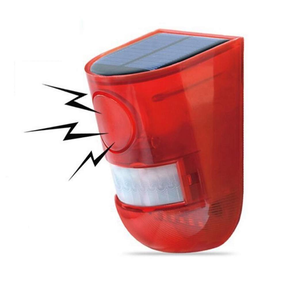 Aolyty Solar Motion Sensor Detector Siren Sound Alarm LED Warning Strobe Flashing Red Light Security Outdoor Waterproof Device Keep Animal Away for Home Warehouse Farm (Red Lampshade)