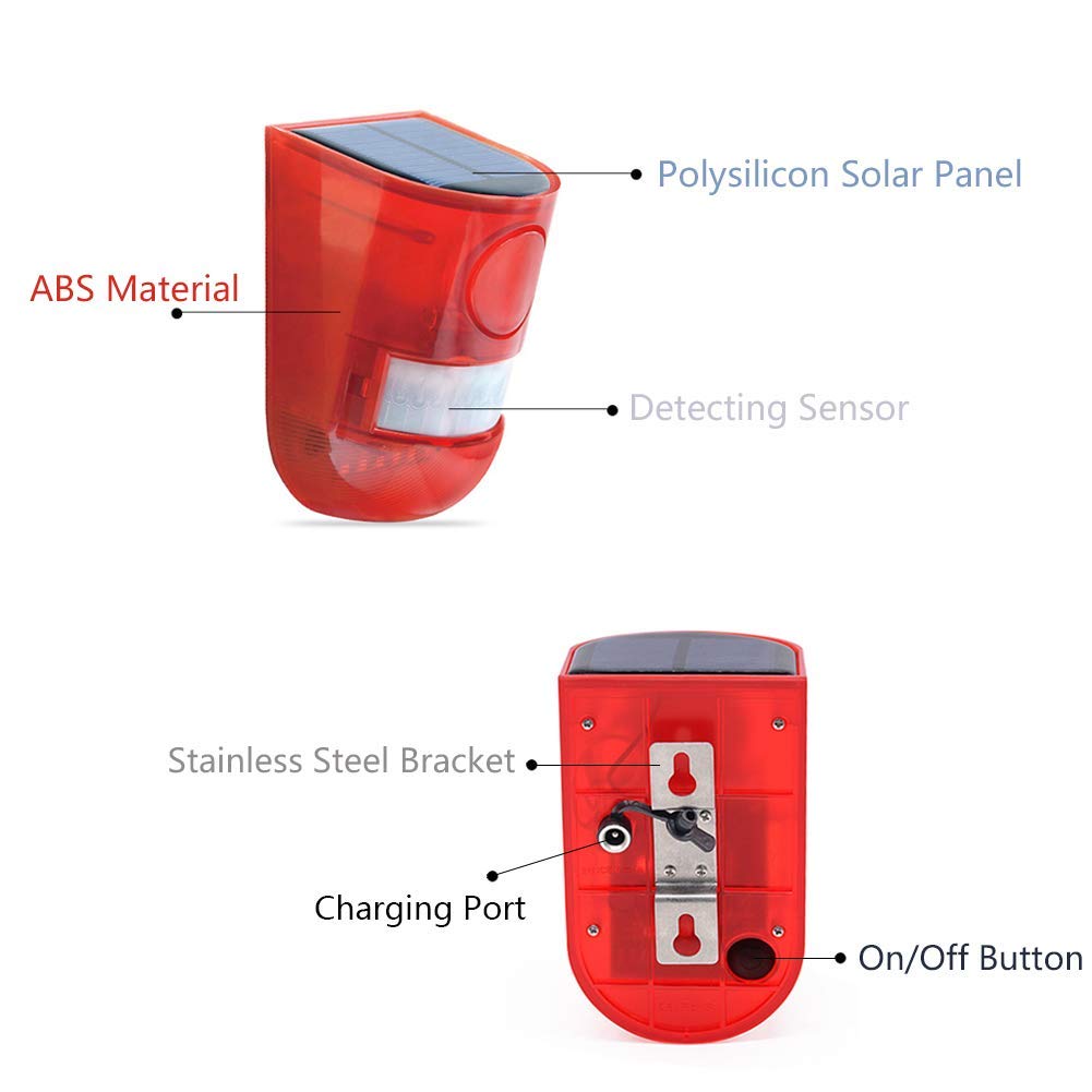 Aolyty Solar Motion Sensor Detector Siren Sound Alarm LED Warning Strobe Flashing Red Light Security Outdoor Waterproof Device Keep Animal Away for Home Warehouse Farm (Red Lampshade)