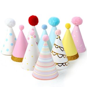 pixipy birthday party hats for kids - 10 pc colorful cone-shaped 7 inch celebration headwear for memorable parties - fun birthday party supplies & decorations