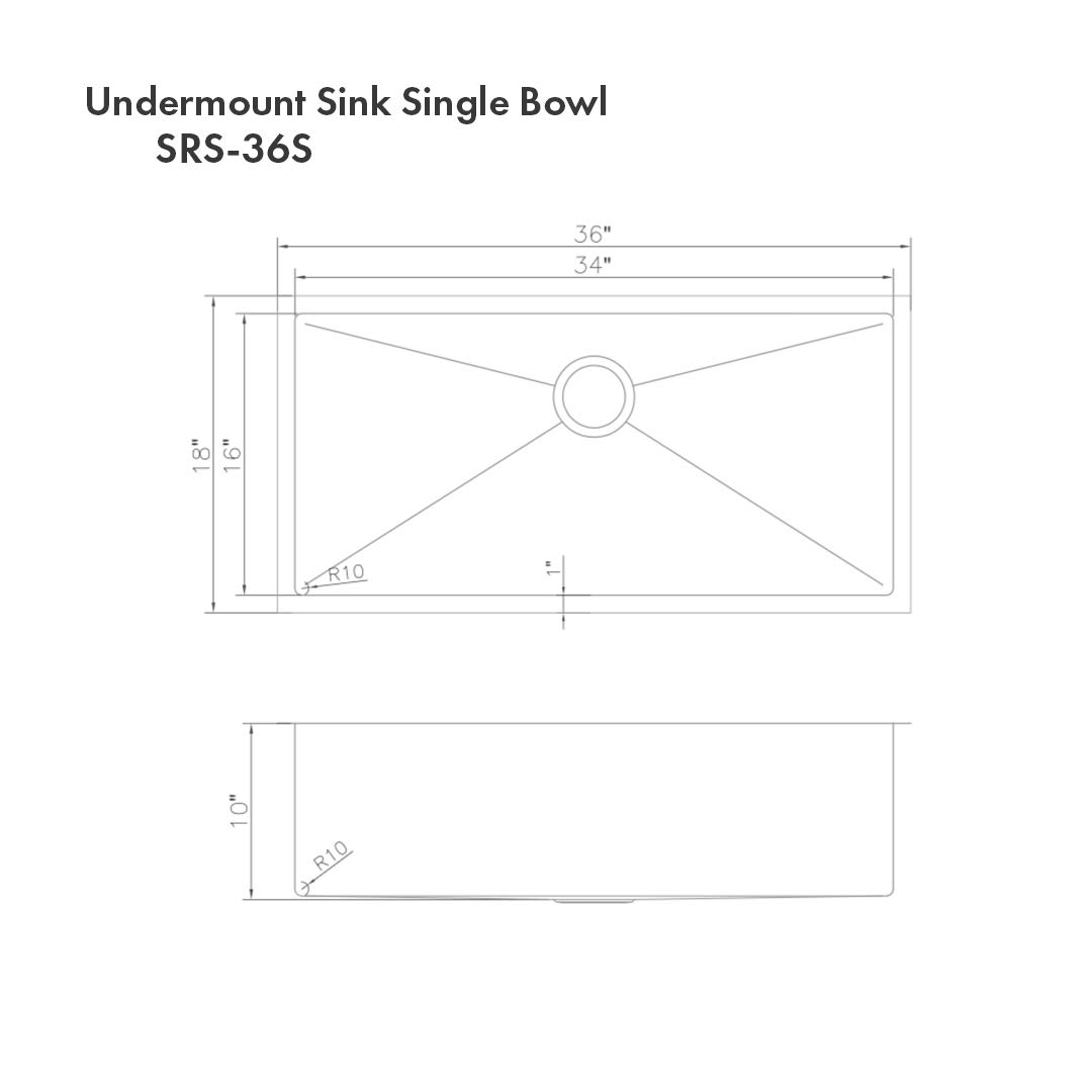 ZLINE 36" Meribel Undermount Single Bowl Scratch Resistant Stainless Steel Kitchen Sink with Bottom Grid (SRS-36S)