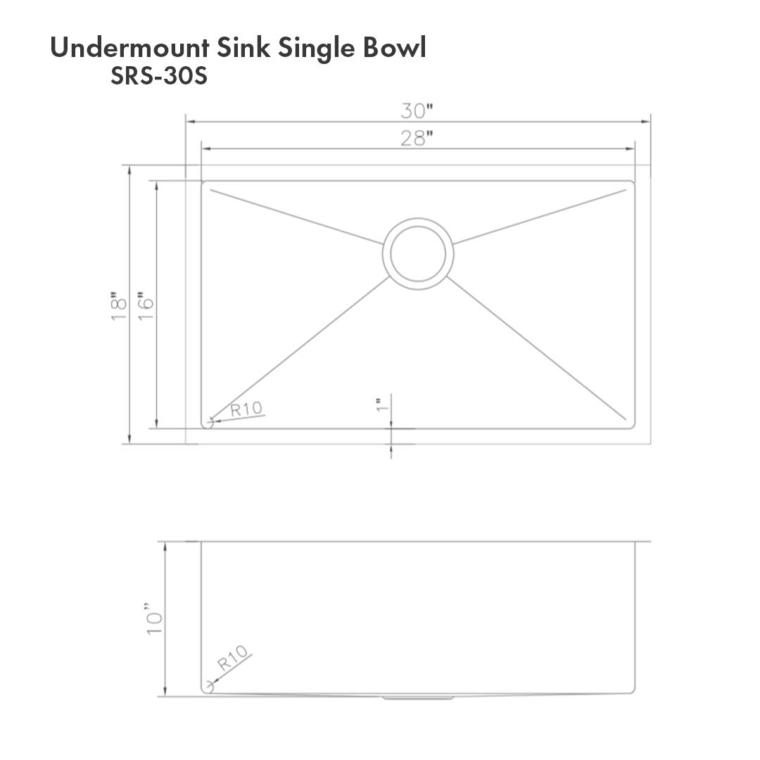 ZLINE 30" Meribel Undermount Single Bowl Scratch Resistant Stainless Steel Kitchen Sink with Bottom Grid (SRS-30S)