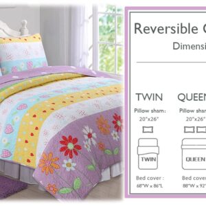 Cozy Line Home Fashions Floral Heart Print Reversible Girl Bedding Quilt Set, Bedspread, Coverlet (Flower Garden, Queen - 3 Piece)