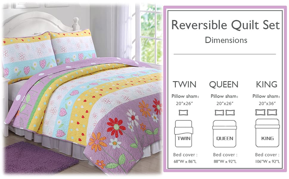 Cozy Line Home Fashions Floral Heart Print Reversible Girl Bedding Quilt Set, Bedspread, Coverlet (Flower Garden, Queen - 3 Piece)