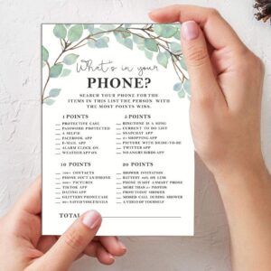 Inkdotpot 50-Pack Greenery Whats on Your Phone Bridal Shower Game Wedding Shower Bachelorette Party Bulk Activity Game Cards