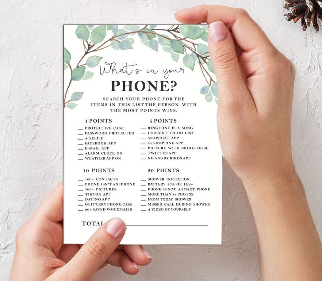 Inkdotpot 50-Pack Greenery Whats on Your Phone Bridal Shower Game Wedding Shower Bachelorette Party Bulk Activity Game Cards