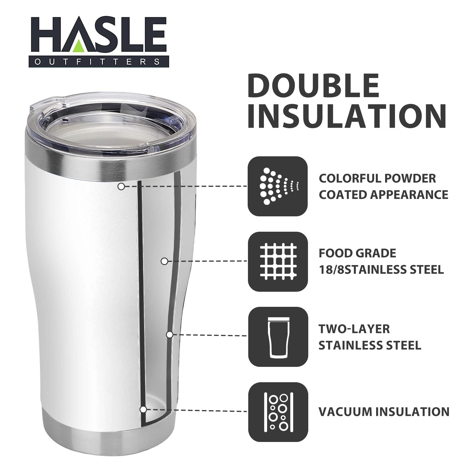 HASLE OUTFITTERS 20 oz Tumbler Bulk, Stainless Steel Tumblers with Lid, Vacuum Insulated Tumbler, Double Wall Powder Coated Cup, coffee mugs, White, 1 Pack