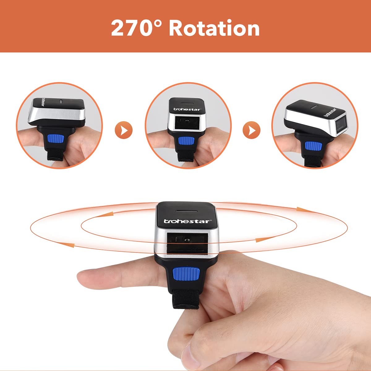 Trohestar Bluetooth Barcode Scanner, Wearable Mini CCD Wireless Ring Barcode Scanner Portable 1D Bar Code Reader Inventory Scanner Work with Windows iOS Android Linux Mac OS