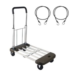 leadallway platform cart foldable push cart aluminum adjustable length flatbed cart with polyurethane mute wheel,330-lb capacity(with 2 ropes)