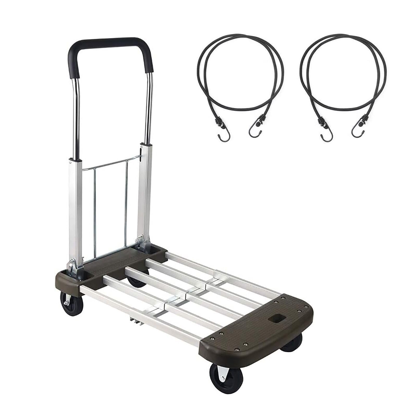 LEADALLWAY Platform Cart Foldable Push Cart Aluminum Adjustable Length Flatbed Cart with Polyurethane Mute Wheel,330-LB Capacity(with 2 Ropes)