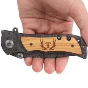 fanfoobi engraved hunting pocket knife with letter t(from alphabet 26 a-z) boyfriend gifts, husband birthday, anniversary for men