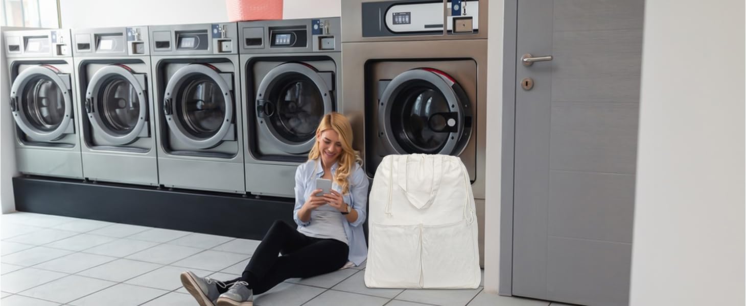 100% Breathable Cotton Canvas Laundry Backpack with Drawstring Closure, Laundry bag with Shoulder Straps & 2 Handles, Washable in Machine & Dryer