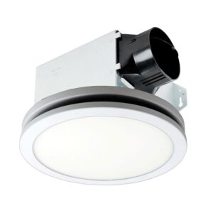 delta breez integrity 100 cfm exhaust bath fan, led edge-lit flat round panel light, energy efficient quiet operation ceiling mount motor, white