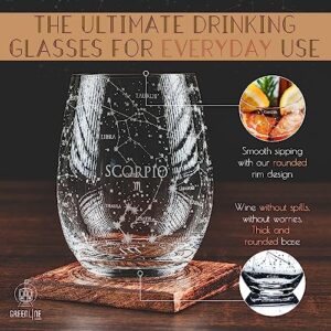 Greenline Goods Scorpio Stemless Wine Glass Etched Zodiac Scorpio Gift 15 oz (Single Glass) - Astrology Sign Constellation Tumbler