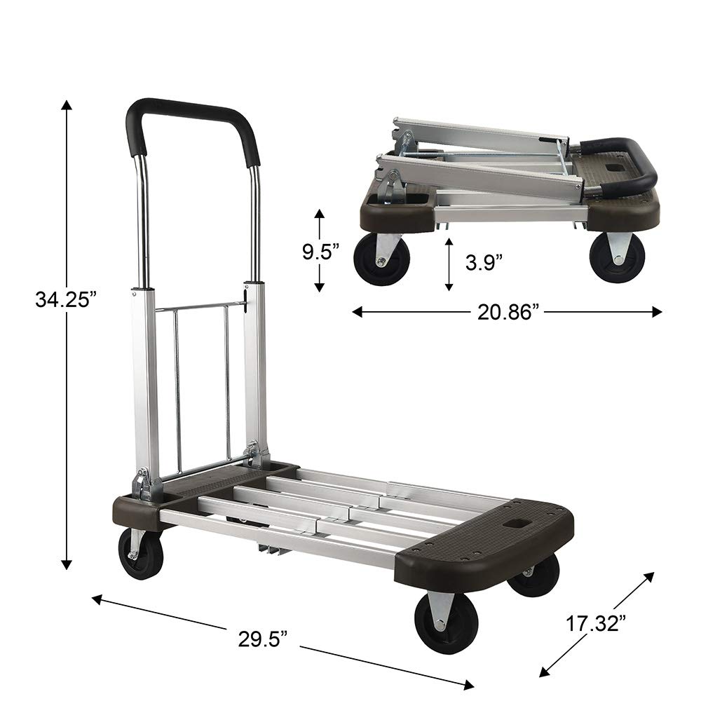 LEADALLWAY Platform Cart Foldable Push Cart Aluminum Adjustable Length Flatbed Cart with Polyurethane Mute Wheel,330-LB Capacity(with 2 Ropes)