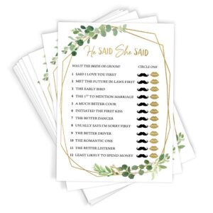 printed party bridal shower games – he said she said game with fun bride and groom trivia, wedding shower activity, botanical greenery theme, 50 guests