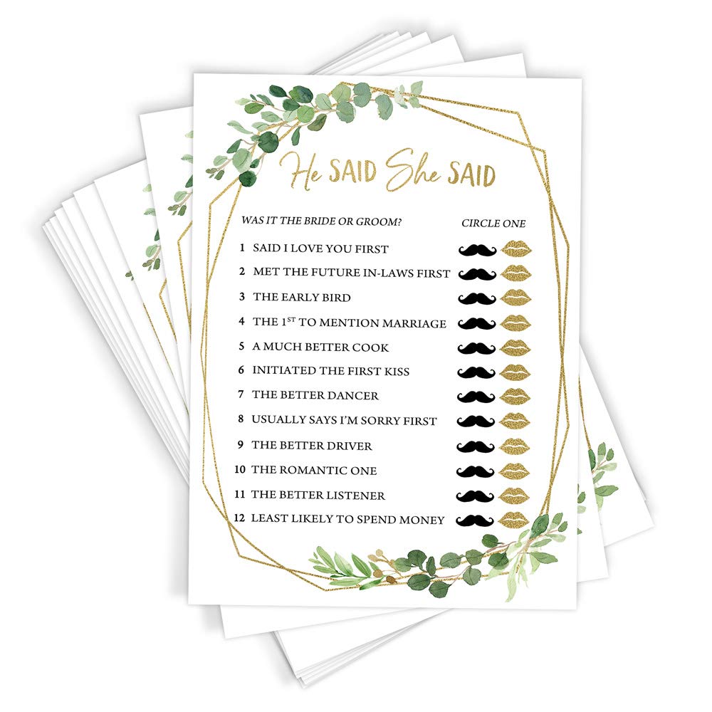 Printed Party Bridal Shower Games – He Said She Said Game with Fun Bride and Groom Trivia, Wedding Shower Activity, Botanical Greenery Theme, 50 Guests