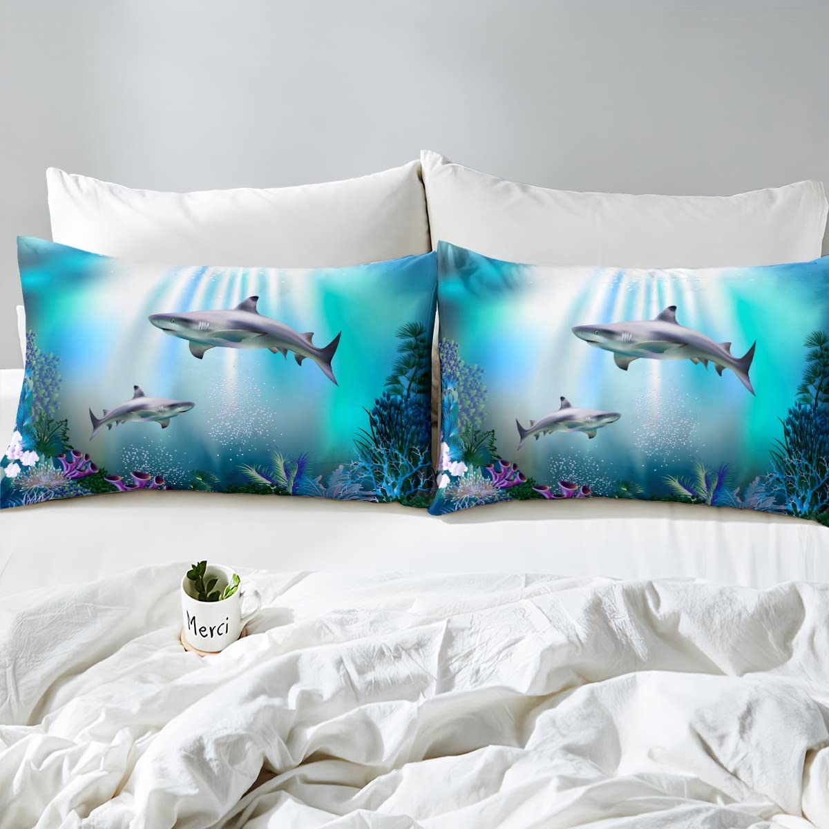 Feelyou Kids Shark Bedding Set Queen 3D Ocean Animal Duvet Cover for Girls Boys, 3 Pcs Coral Seeweed Bedding Underwater World Children Bedspread Sea Sharks Printed on Blue Bedclothes