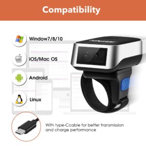 Trohestar Bluetooth Barcode Scanner, Wearable Mini CCD Wireless Ring Barcode Scanner Portable 1D Bar Code Reader Inventory Scanner Work with Windows iOS Android Linux Mac OS