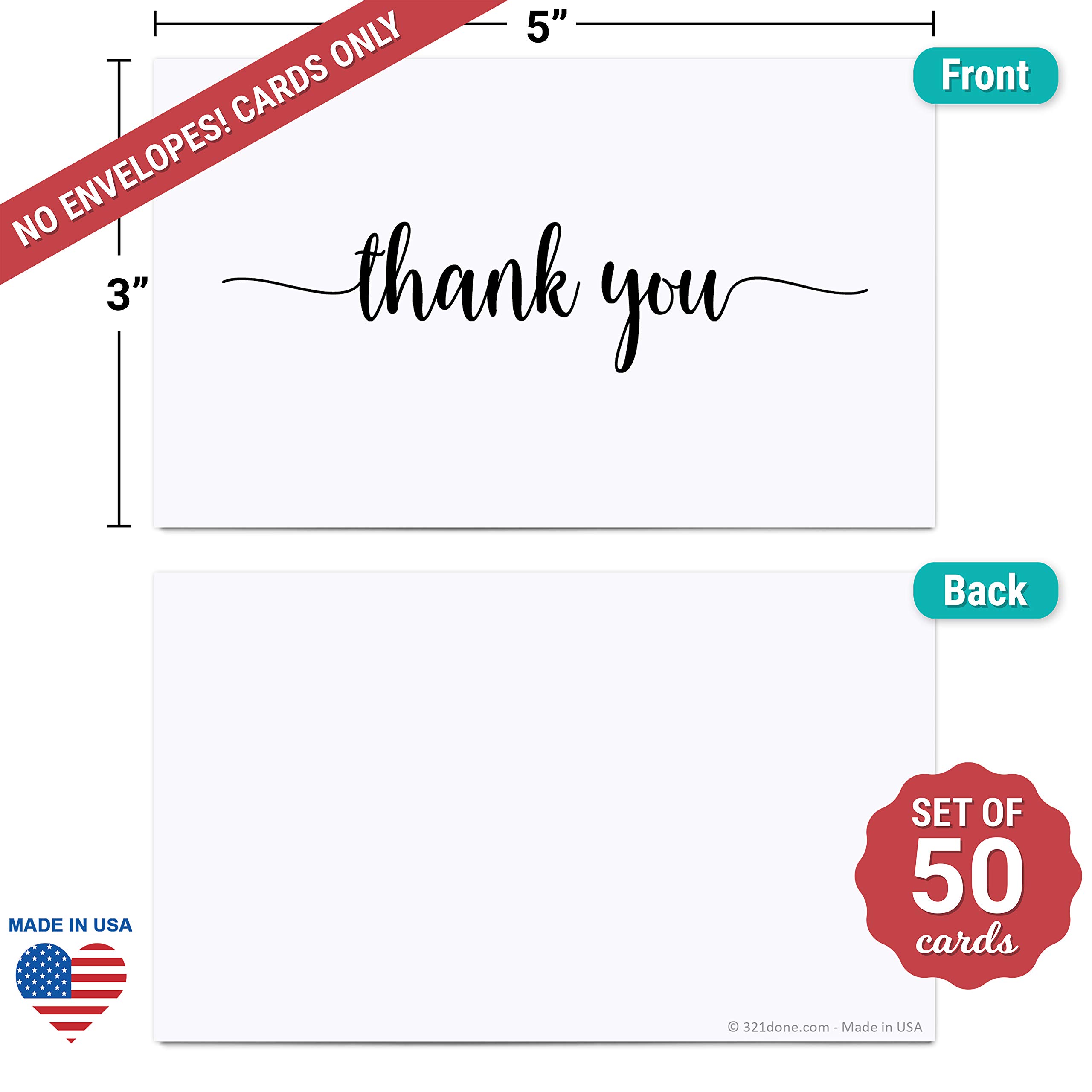 321Done Thank You Note Cards (Set of 50) 3" x 5" Blank on Back - Made in USA, Cute Modern Script Thick White Cardstock, Small