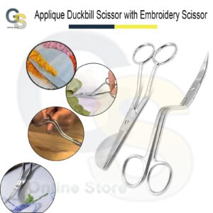 6 inch Stainless Steel Applique Duckbill Scissors Blade with Offset Handle & 6 inch Machine Embroidery Double Curved Scissors Bundle by G.S Online Store