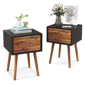 giantex nightstand with 2 drawers set of 2, mid century modern bedside table with solid wood legs, practical end side table for living room bedroom small space, night stand, black & walnut