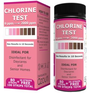 industrial active chlorine bleach test strips. 0-2000 ppm range for sanitizer disinfectants and sanitizing solutions for daycares and senior homes.