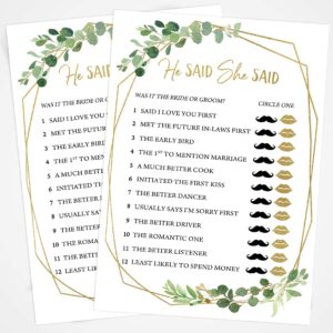 Printed Party Bridal Shower Games – He Said She Said Game with Fun Bride and Groom Trivia, Wedding Shower Activity, Botanical Greenery Theme, 50 Guests