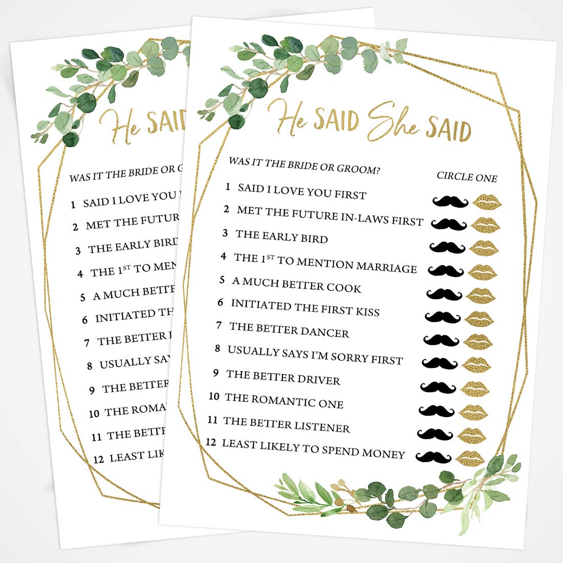 Printed Party Bridal Shower Games – He Said She Said Game with Fun Bride and Groom Trivia, Wedding Shower Activity, Botanical Greenery Theme, 50 Guests