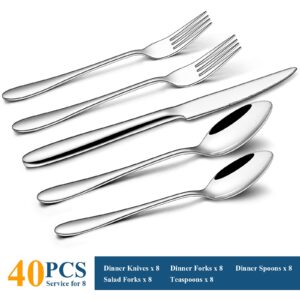 Silverware Set, 40-Piece Flatware Set, Wildone Stainless Steel Tableware Cutlery Set Service for 8, Include Dinner Knives/Forks/Spoons, Mirror Polished, Dishwasher Safe