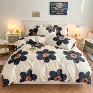 blueblue flower kids duvet cover set, 100% cotton bedding for boys girls teens, cartoon cute dark gray black floral pattern on cream white, 1 full comforter cover 2 pillow shams (queen)