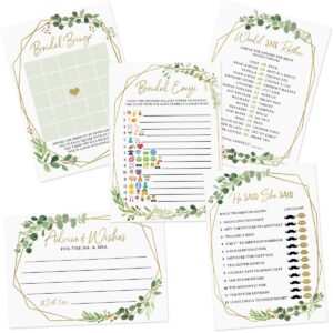 printed party bridal shower game set – 5 fun games and activities for 50 guests, includes bingo, trivia, and advice cards, botanical greenery wedding shower games