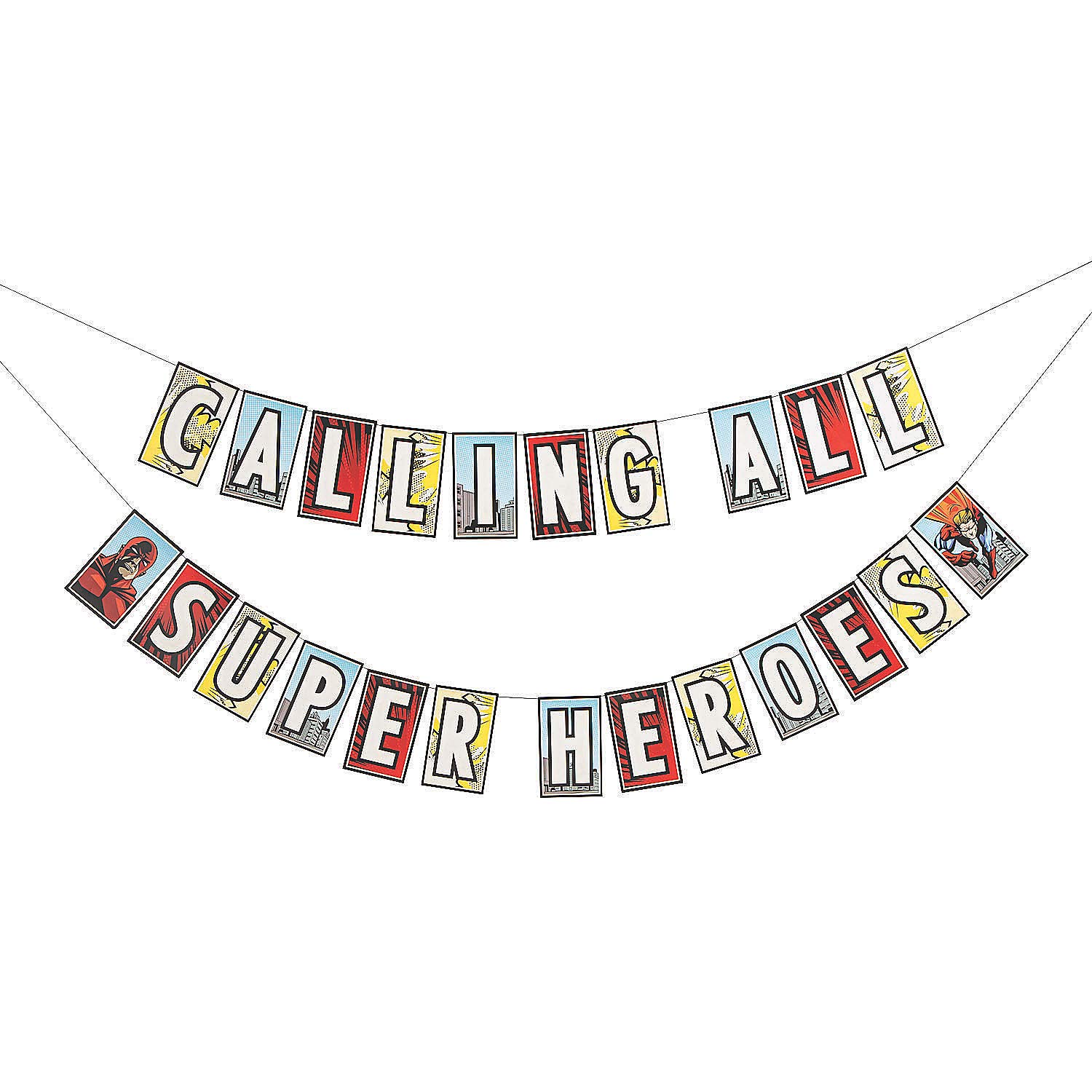 Fun Express Comic Superhero Pennant Banner - Birthday Party Decor - 2 Pieces, 7 Feet Long