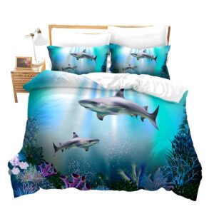 Feelyou Kids Shark Bedding Set Queen 3D Ocean Animal Duvet Cover for Girls Boys, 3 Pcs Coral Seeweed Bedding Underwater World Children Bedspread Sea Sharks Printed on Blue Bedclothes