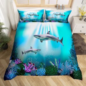 feelyou kids shark bedding set queen 3d ocean animal duvet cover for girls boys, 3 pcs coral seeweed bedding underwater world children bedspread sea sharks printed on blue bedclothes