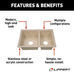 Lippert RV Double Kitchen Galley Sink - 25" x 17" x 6.6" Parchment ABS Plastic for 5th Wheel, Travel Trailer, Camper