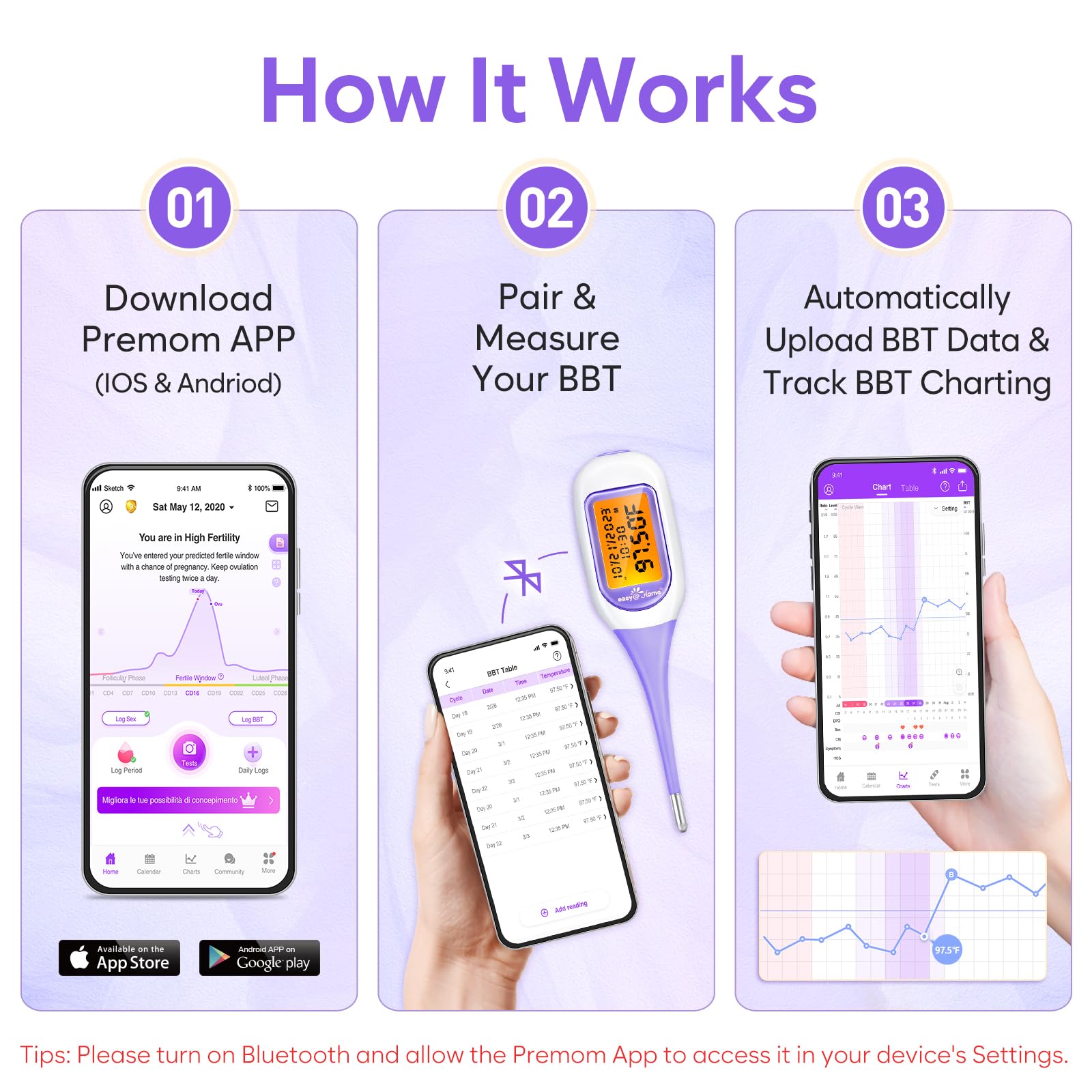 Easy@Home Smart Basal Thermometer, Large Screen and Backlit, Period Tracker with Premom (iOS & Android) - Auto BBT Sync, Charting, Coverline, Accurate Fertility Prediction EBT-300 Purple