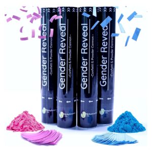 baby surprise co. gender reveal confetti cannon 2 pink 2 blue powder smoke with 100% non-toxic, food-grade corn starch - safe and easy compressed air party popper - bright explosion for photo effect