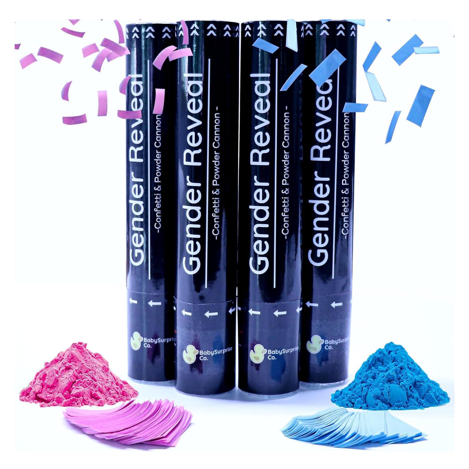 Baby Surprise Co. Gender Reveal Confetti Cannon 2 Pink 2 Blue Powder Smoke with 100% Non-Toxic, Food-Grade Corn Starch - Safe and Easy Compressed Air Party Popper - Bright Explosion for Photo Effect